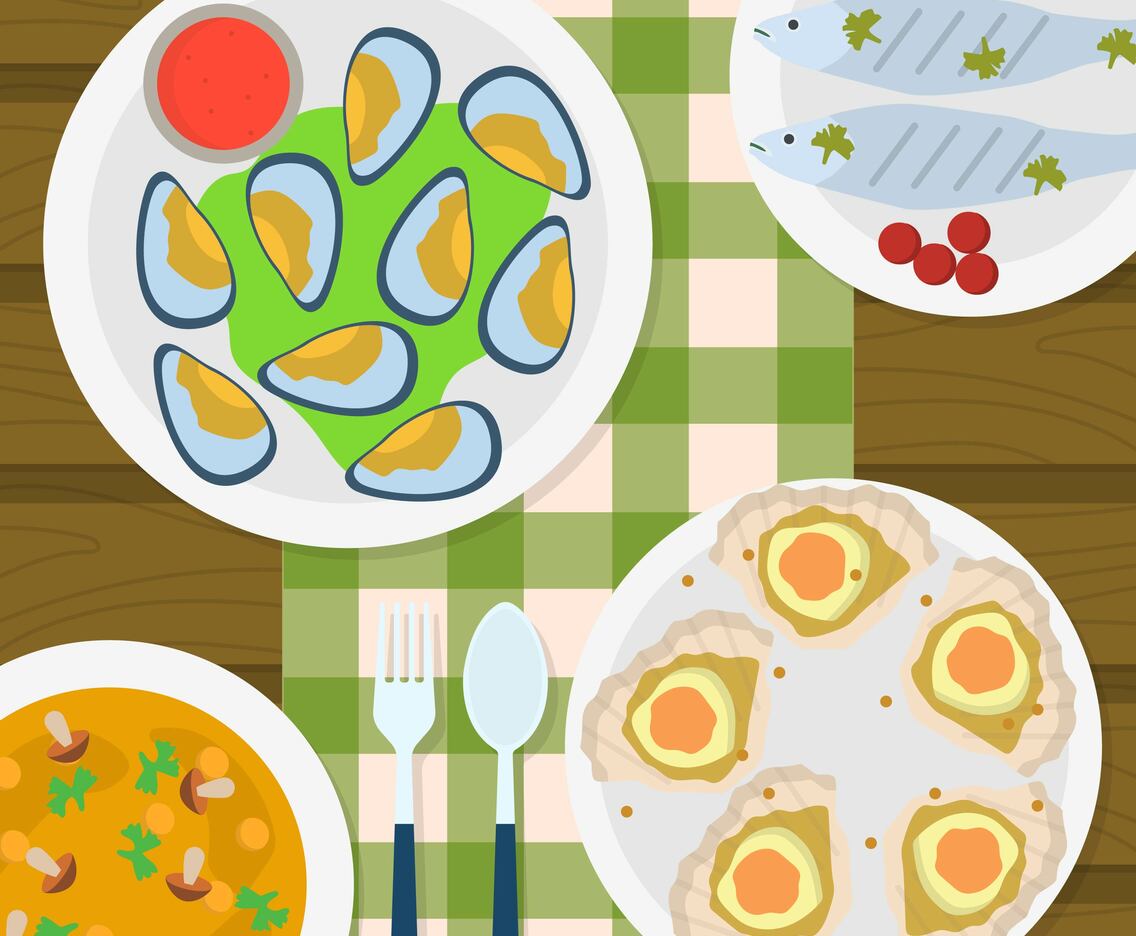 Flat Top View Scallops And Seafood Cuisine Vector Illustration Vector ...