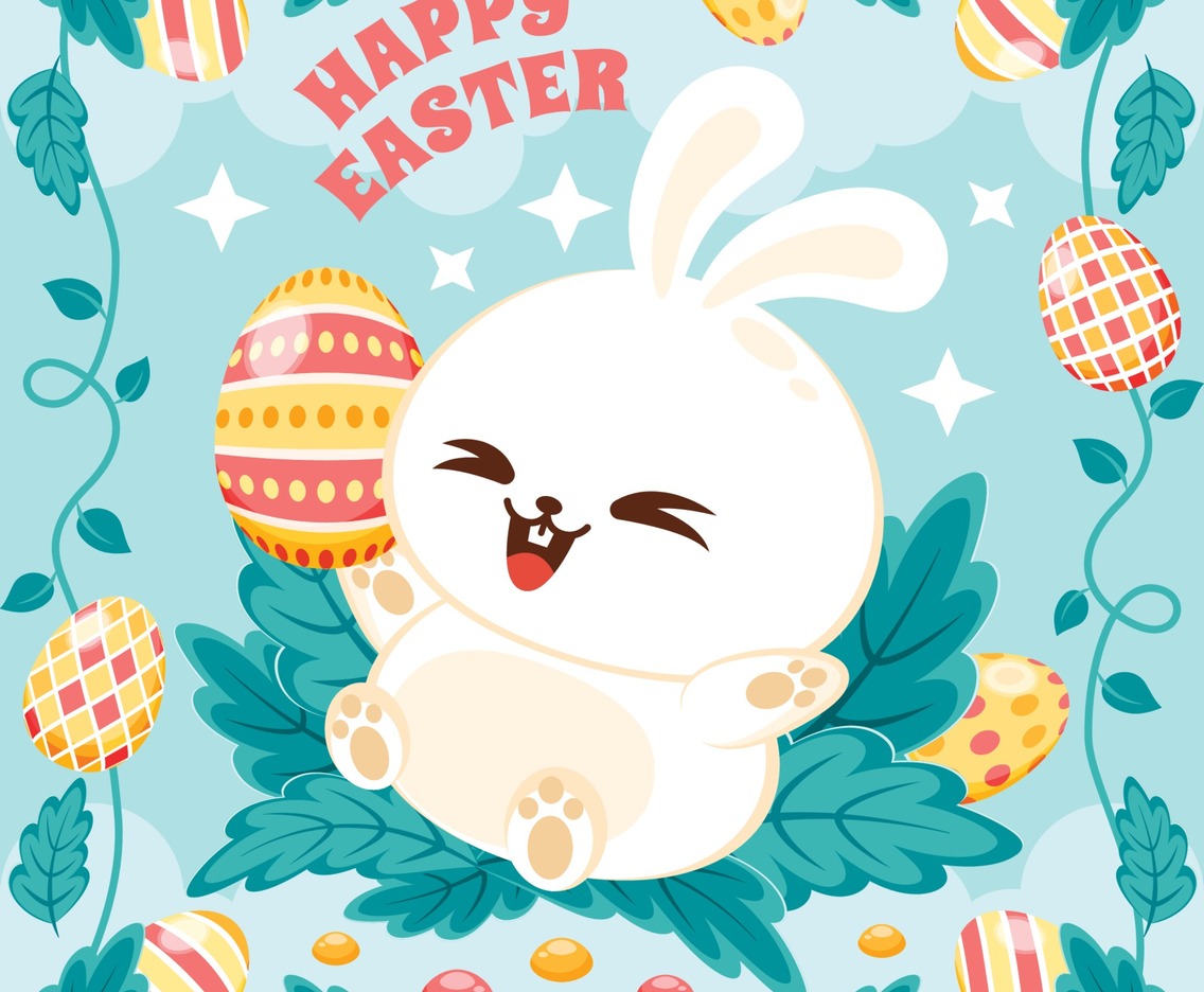 Cute White Easter Rabbit And Colourful Egg Decorations Vector Art ...