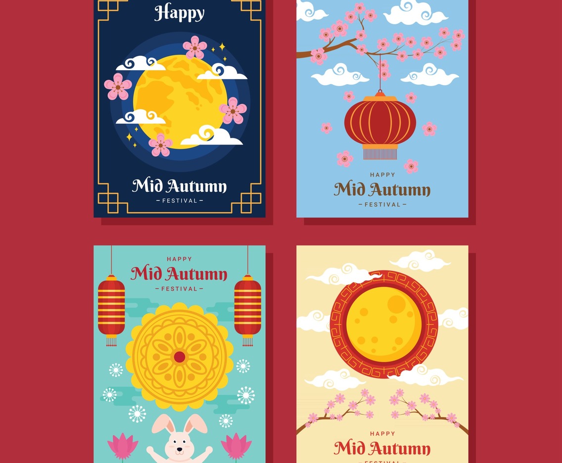 Set Of Happy Mid Autumn Festival Card Vector Art & Graphics ...