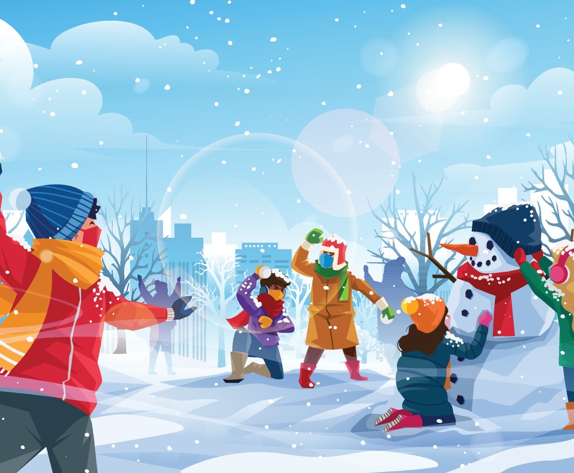 Winter Wonderland With Kids Playing Snow Background Concept Vector Art ...