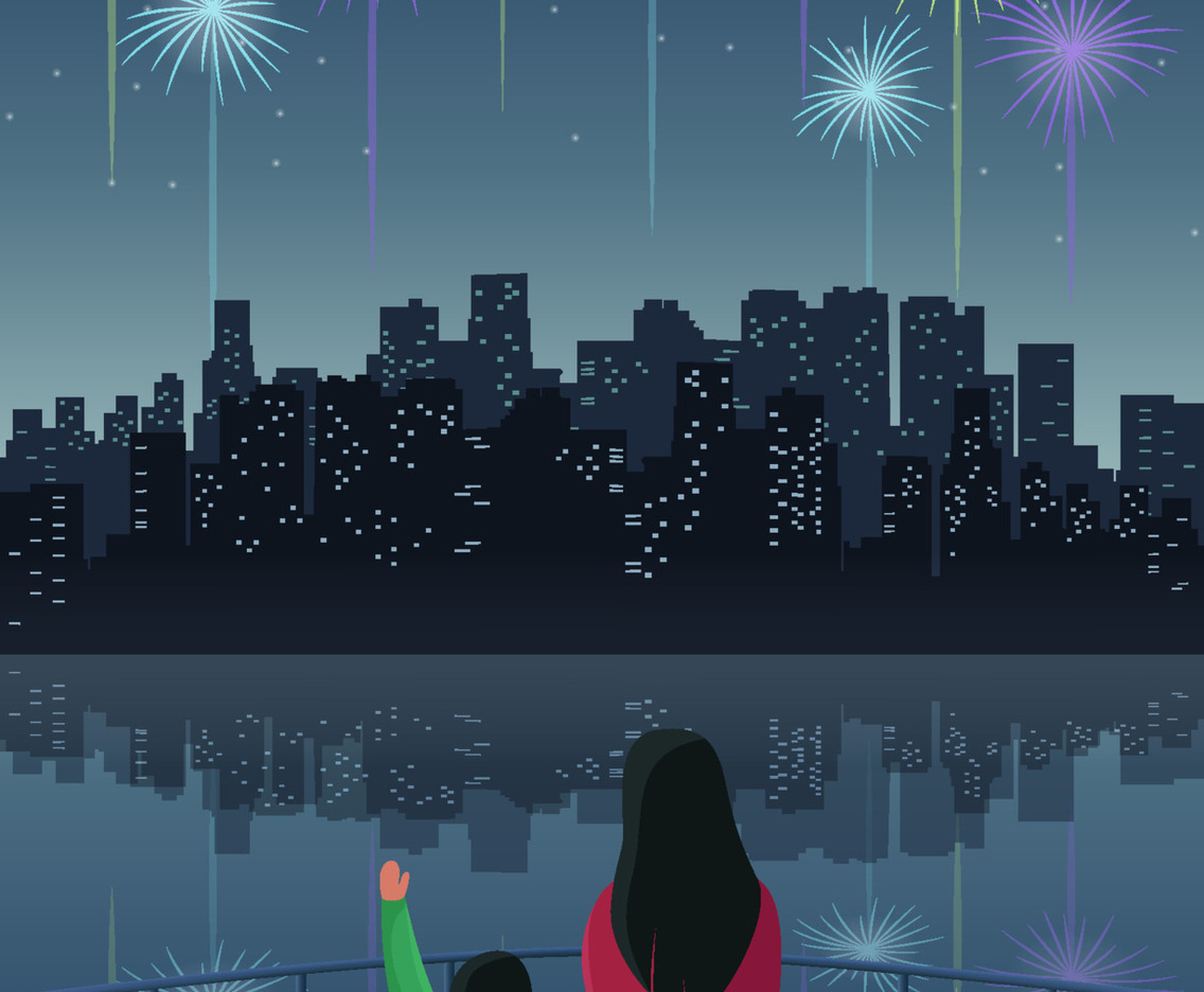 Cityscape With Firework And People Vector Art & Graphics | freevector.com