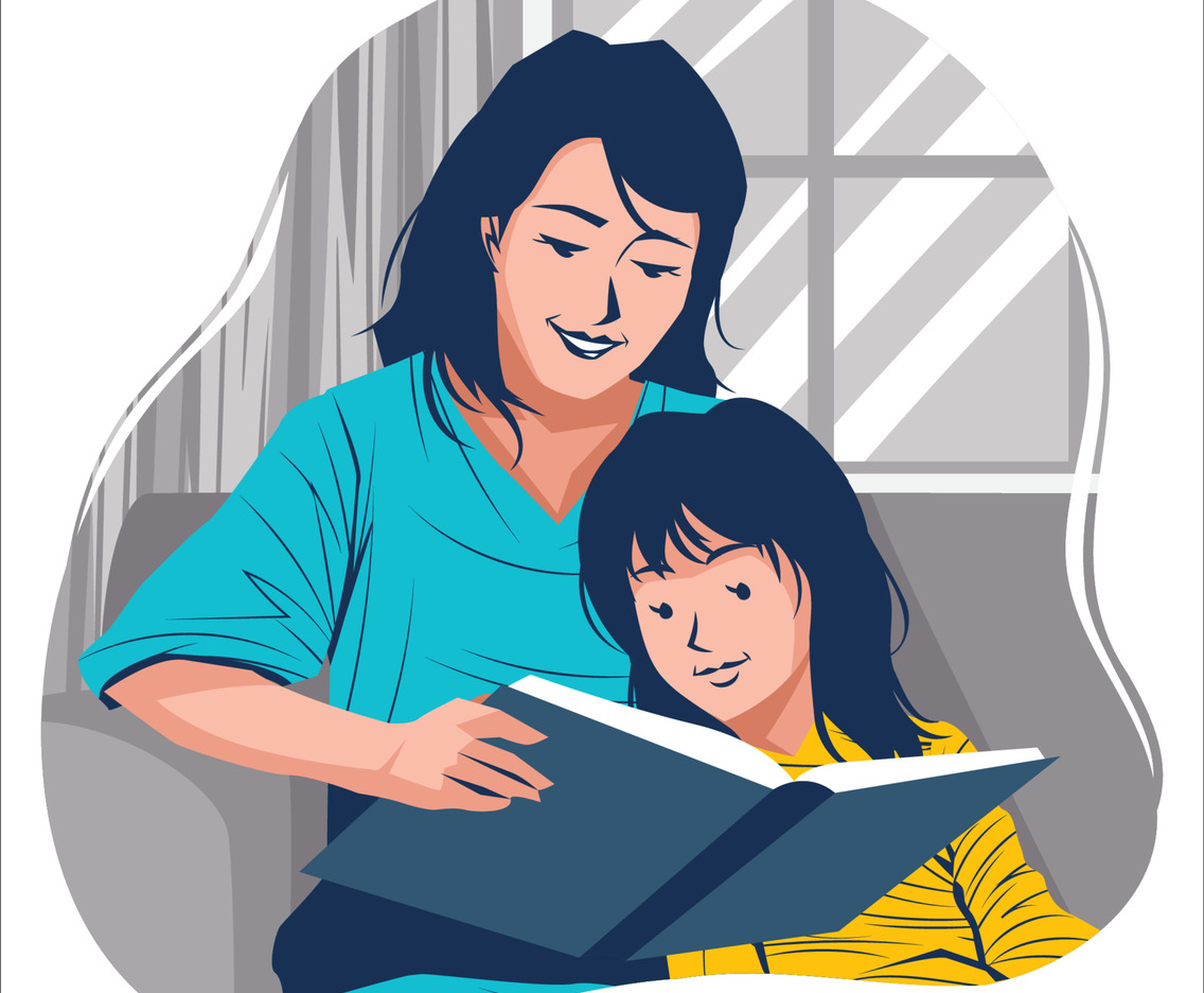 Mom And Daughter Reading Bedtime Story Book Concept Vector Art ...