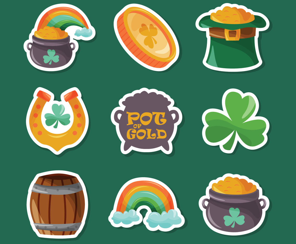 St Patricks Day Pot Of Gold Doodle Sticker Collection Vector Art ...