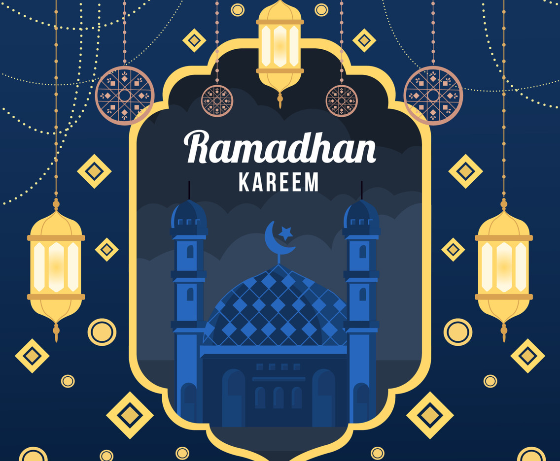 Ramadhan Kareem Decoration With Lanterns And Mosque Concept Vector Art ...