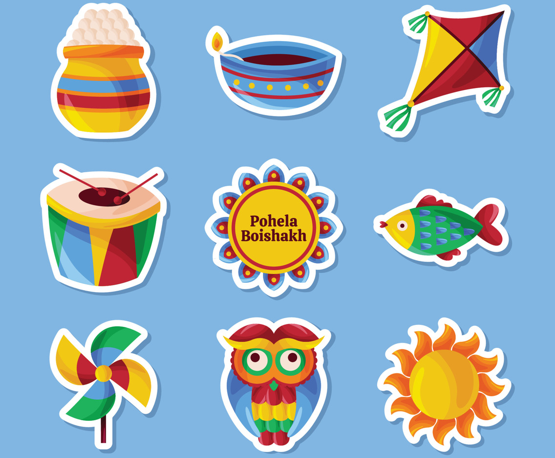 Pohela Boishakh Bengali New Year Doodle Sticker Collection Vector Art ...