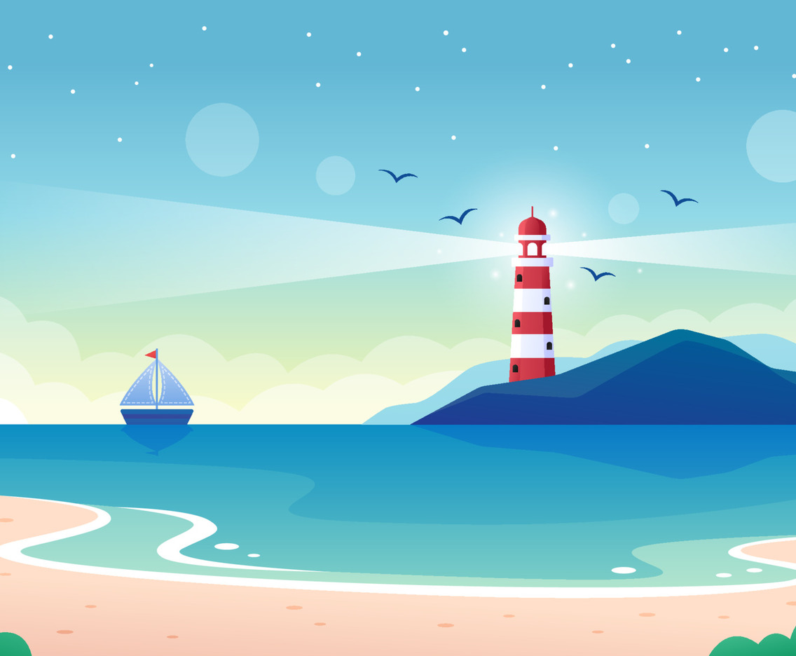 Sea With Lighthouse And Ship At Night Background Vector Art & Graphics ...