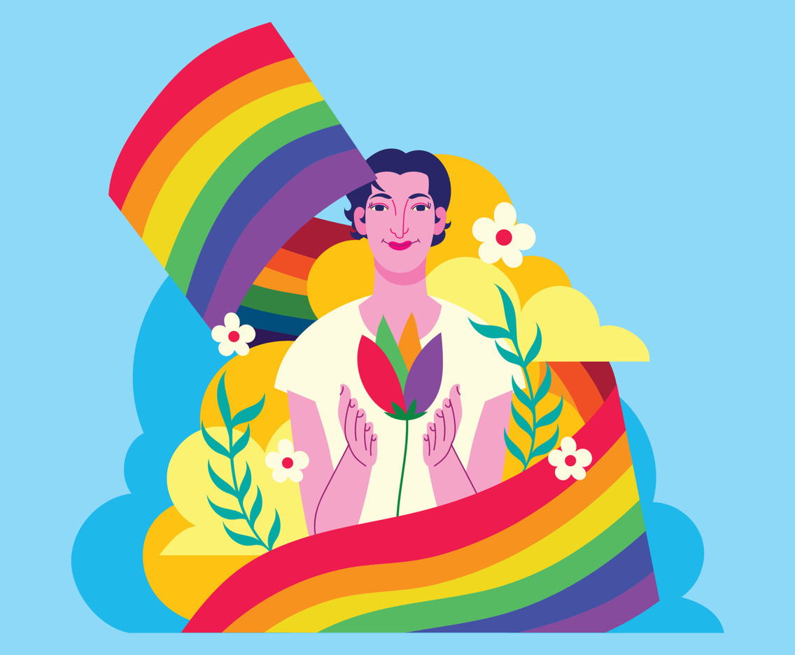 Transgender With Rainbow Flags And Rainbow Flower In Hand Vector Art ...