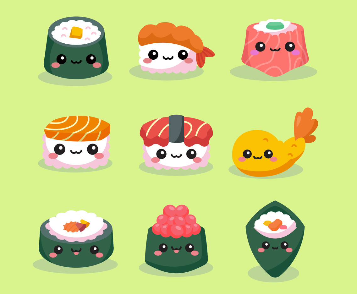 Set Of Kawaii Sushi Japanese Food Vector Art & Graphics | freevector.com