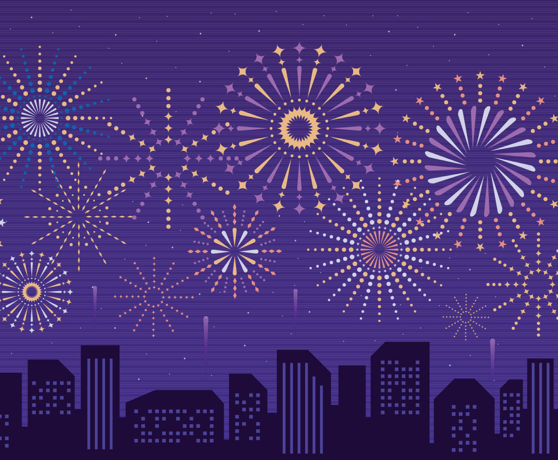 Fireworks Party With City Scene At Night Concept Background Vector Art ...