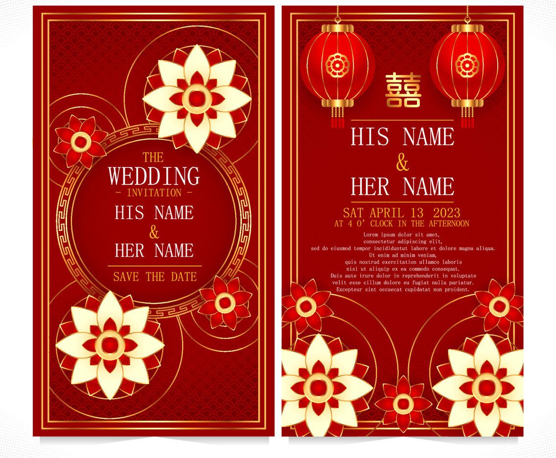 Red And Gold With Lotus And Lantern Chinese Wedding Invitation Vector ...