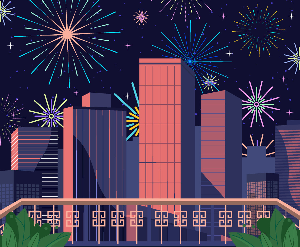 Fireworks Dance From Balcony With City View Concept Vector Art ...