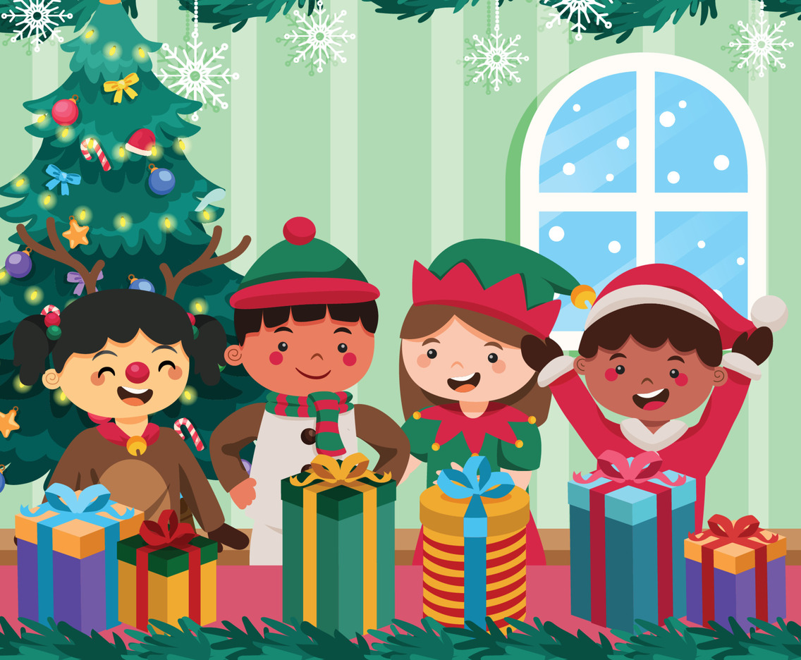 Children Celebrating Christmas Together Vector Art & Graphics ...