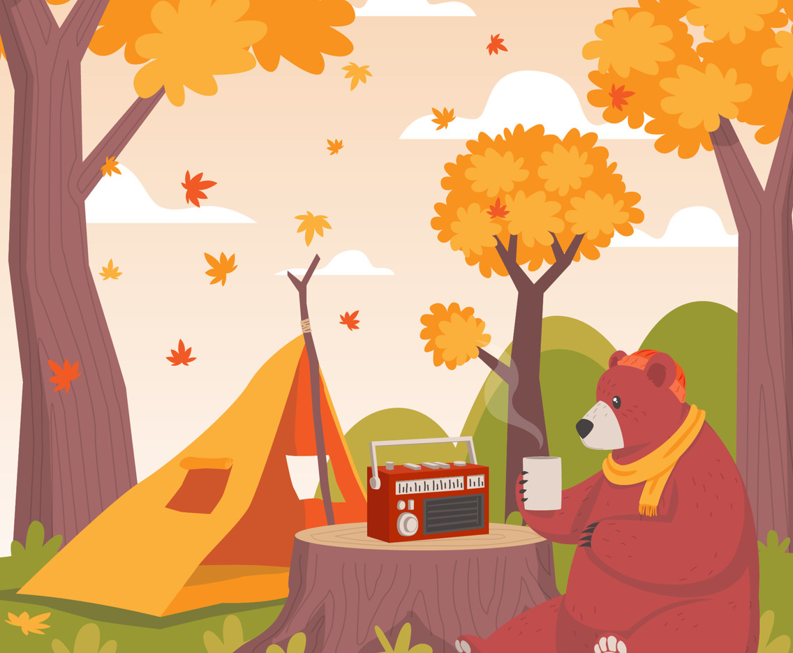 Bear Enjoying Autumn Season With A Cup Of Coffee While Listening Radio ...