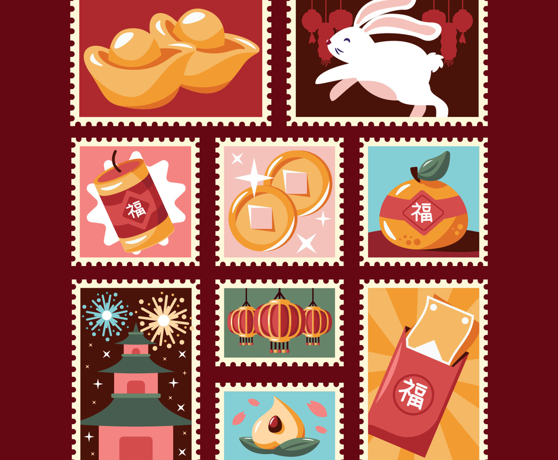Set Of Chinese New Year Stamps Vector Art & Graphics | freevector.com