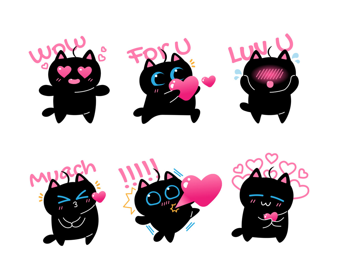 Kawaii Blue Eyed Black Cat Affection Chat Stickers Pack Vector Art ...