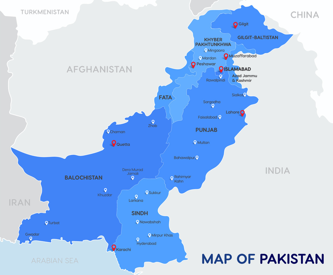 Detailed Vector Map Of Pakistan With Provinces And Cities Name With ...