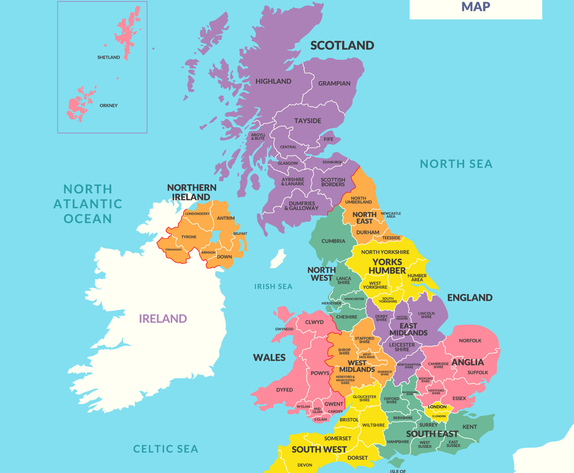United Kingdom Geographic Region Country Map For Education Purpose ...