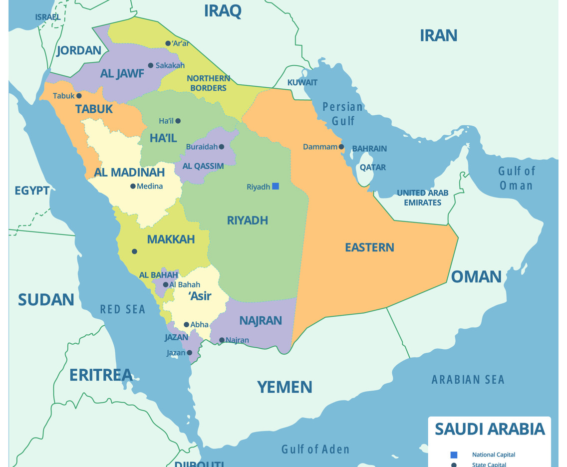 Saudi Arabia Detailed Map With States And Provinces Vector Art ...